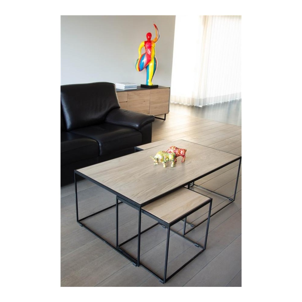 RUBIC table de salon et 2 bout de canapés avec base en métal noir